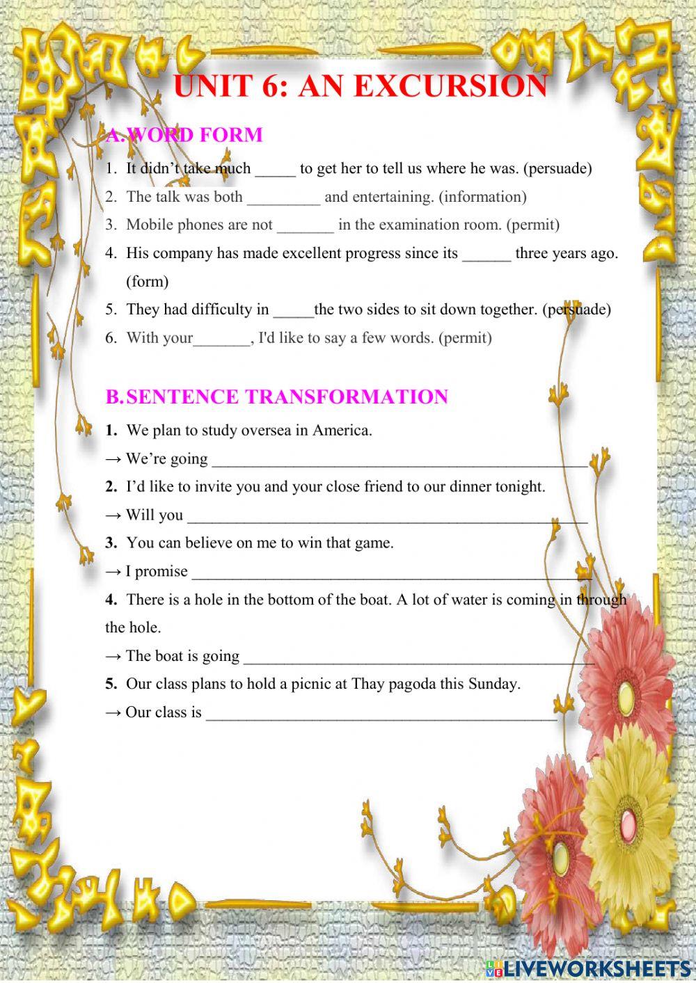 Unit 6 - Unit 7 - Transformation - Word form online exercise for | Live ...