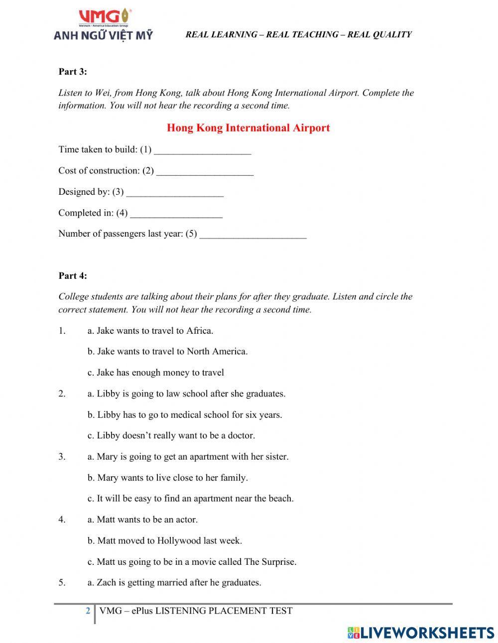 EPlus - PLACEMENT TEST worksheet | Live Worksheets