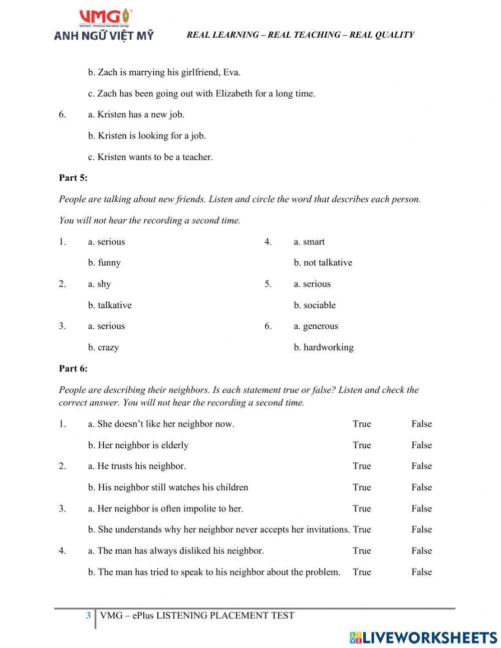 EPlus - PLACEMENT TEST worksheet | Live Worksheets