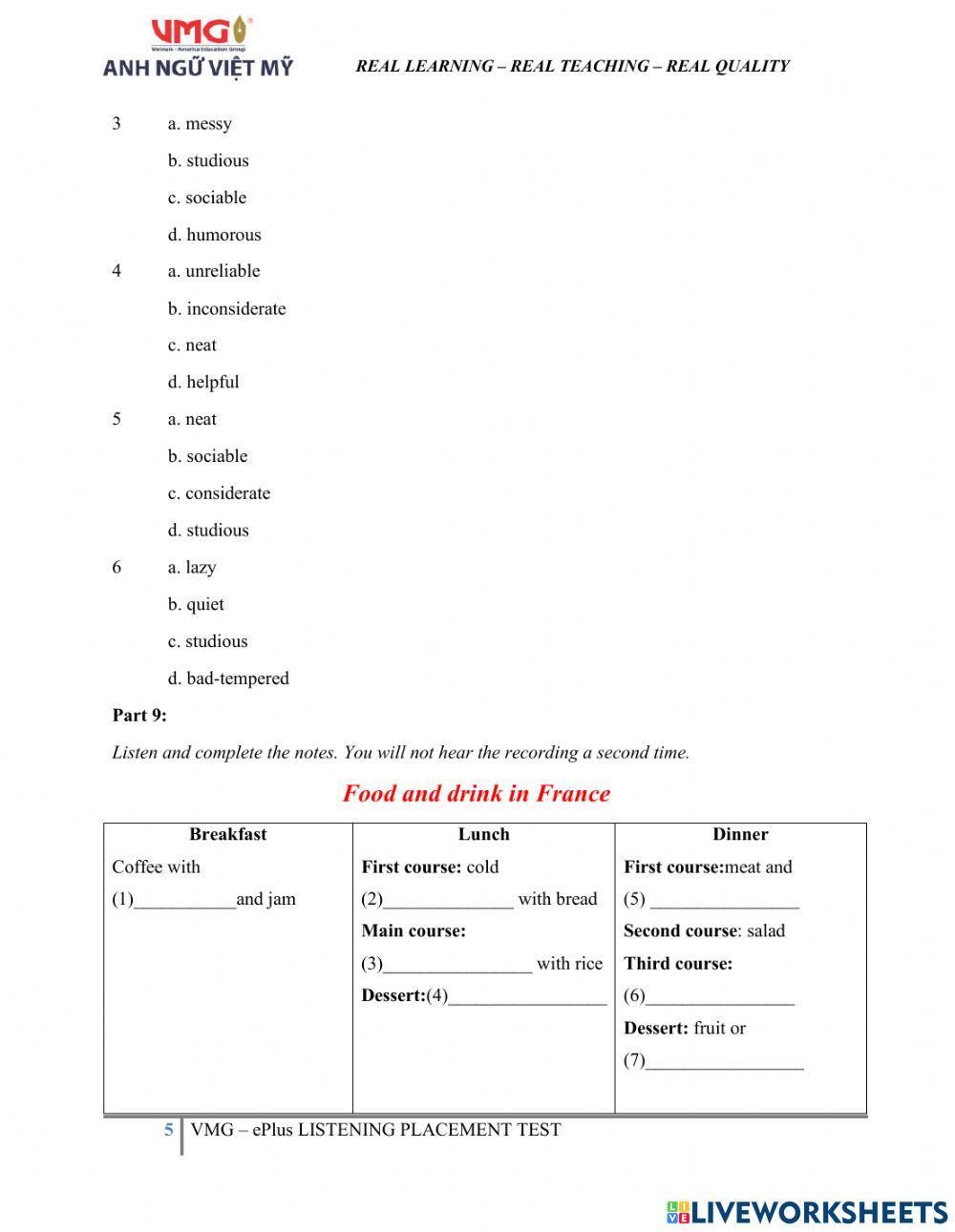 EPlus - PLACEMENT TEST worksheet | Live Worksheets