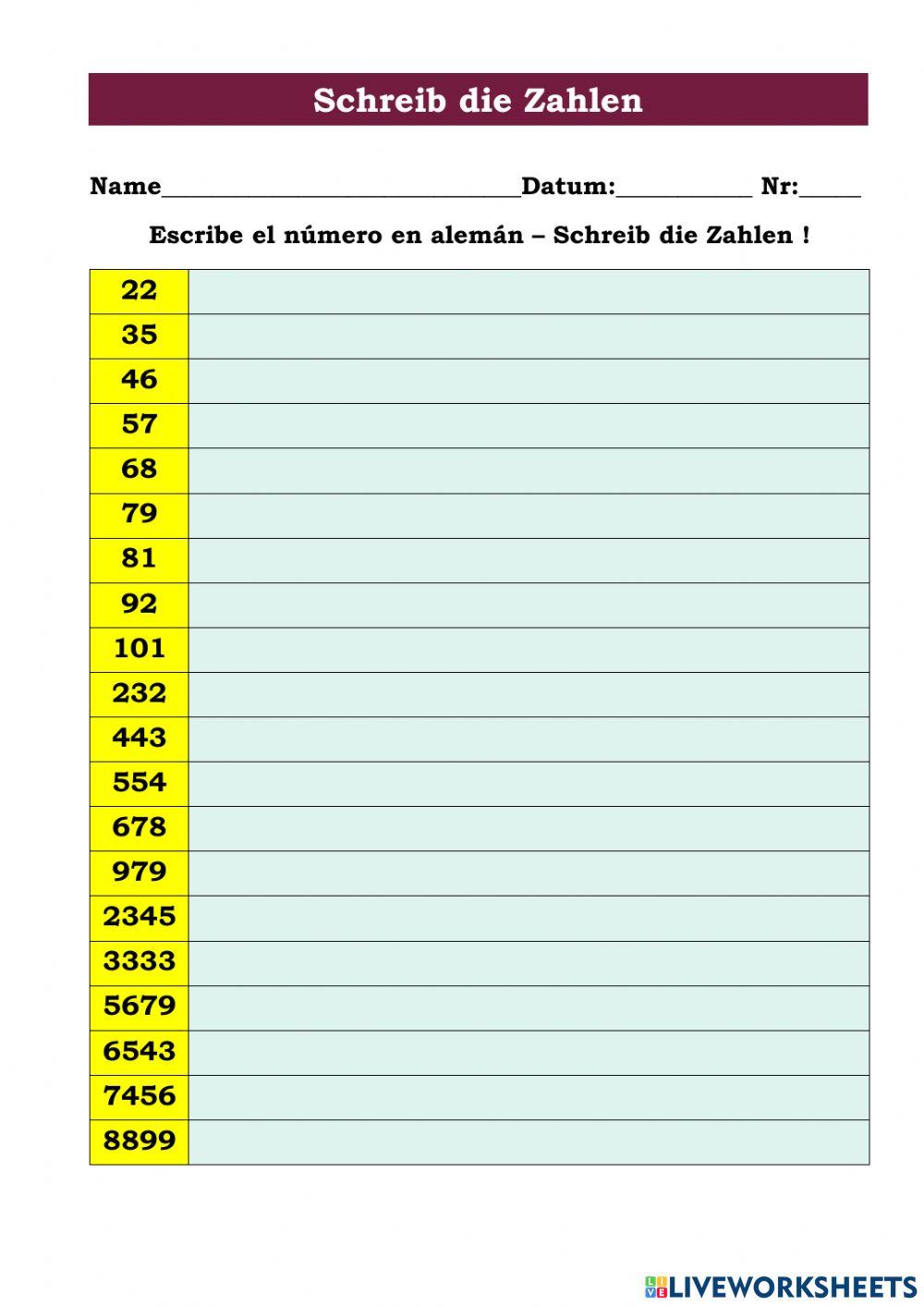Schreib die Zahlen worksheet | Live Worksheets
