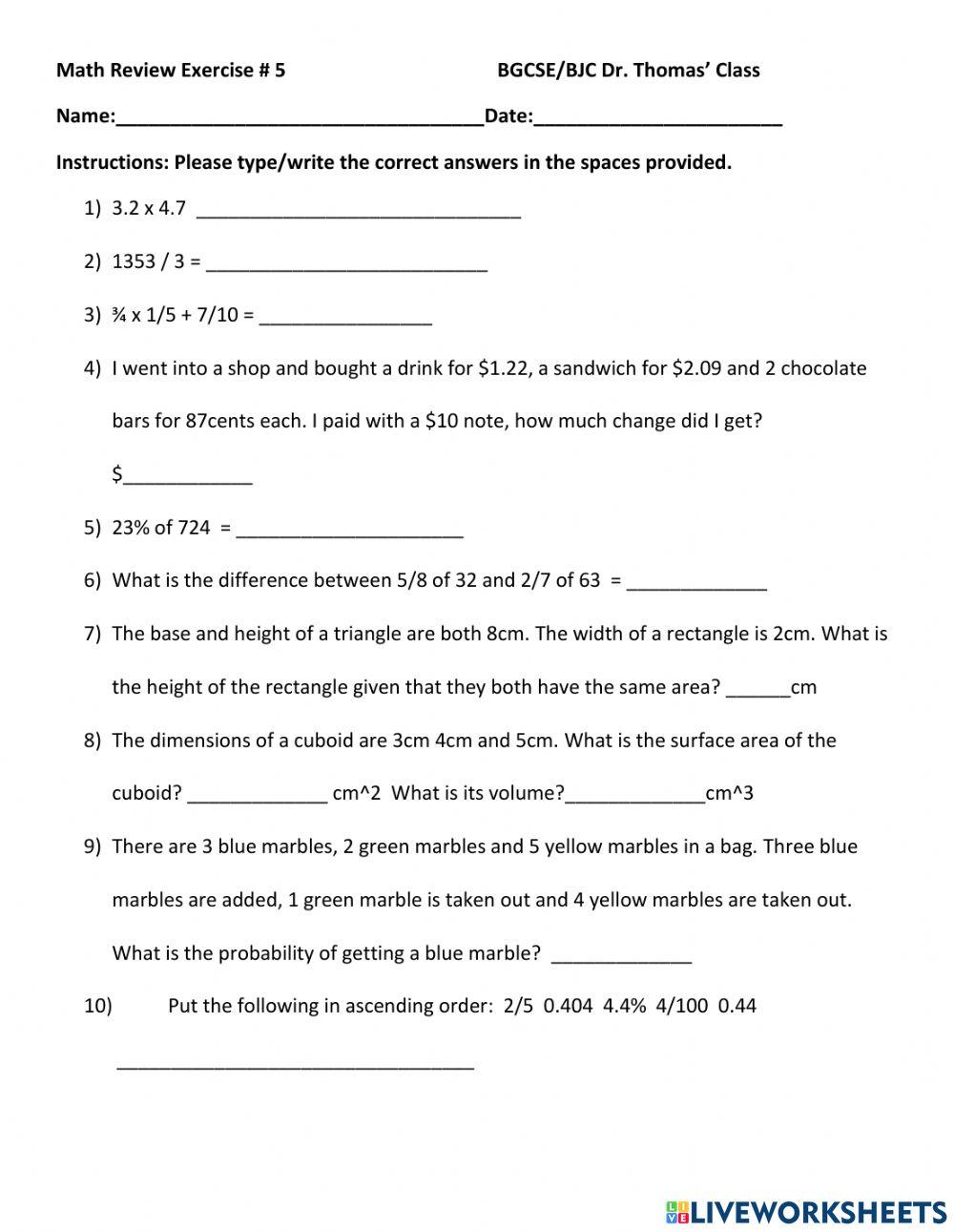 BJC-BGCSE Mathematics Worksheet -5 2022-Dr. Thomas' Class