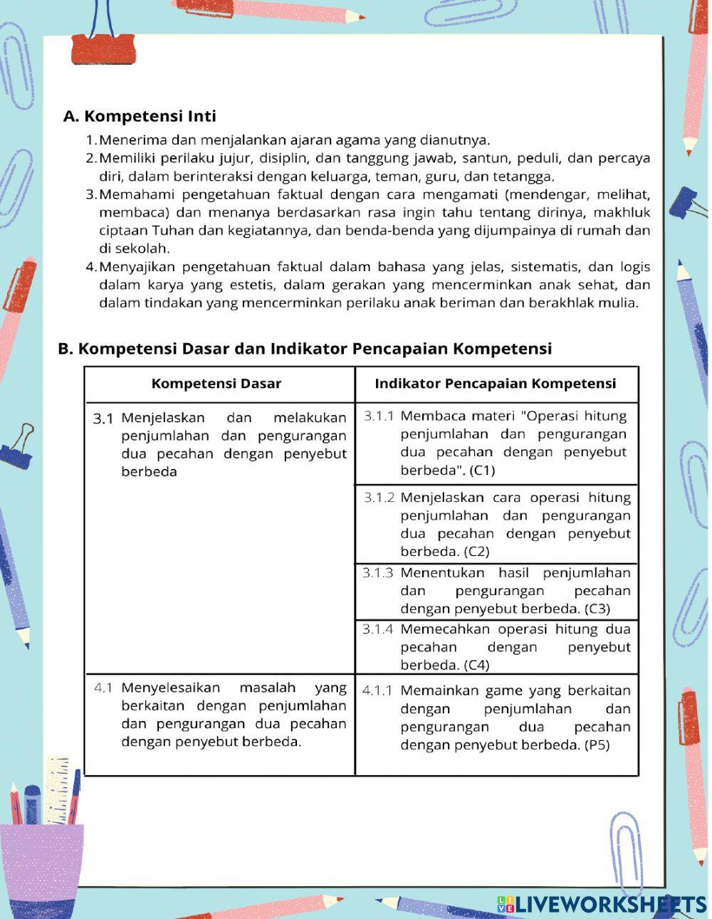 Operasi Hitung Pecahan Matematika exercise | Live Worksheets