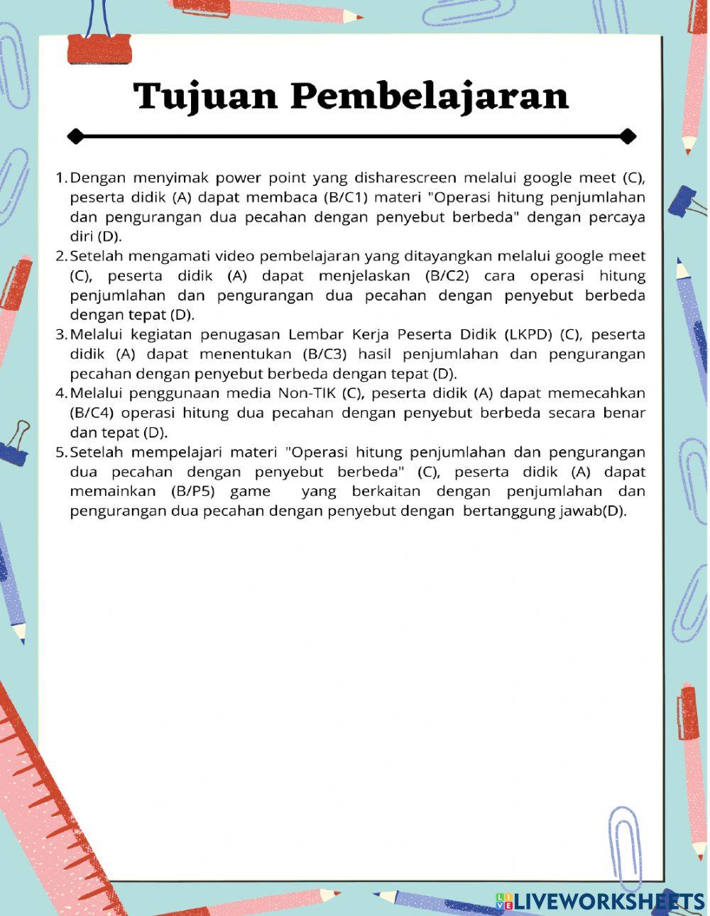 Operasi Hitung Pecahan Matematika exercise | Live Worksheets