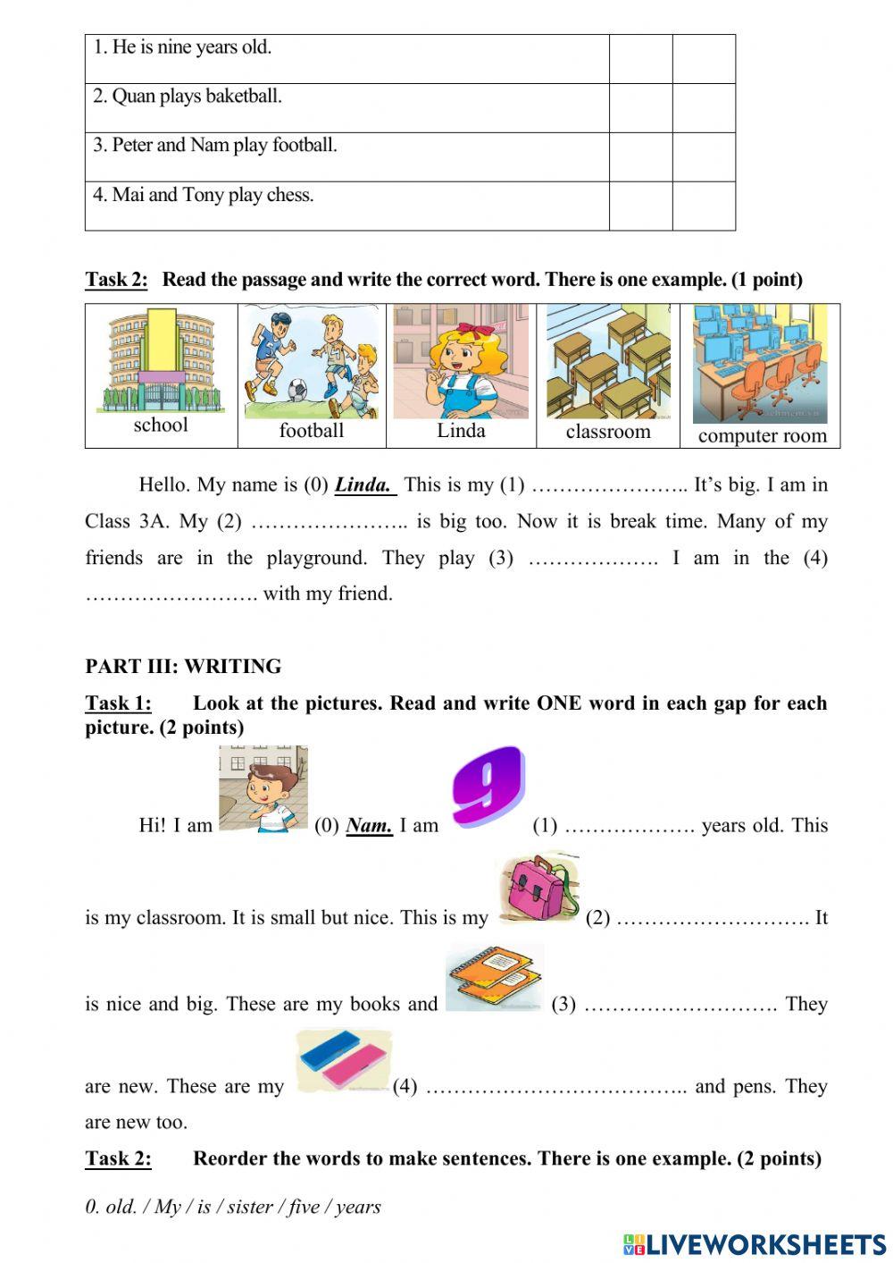 Test 1 - Grade 3 - Lan Huong online exercise for | Live Worksheets