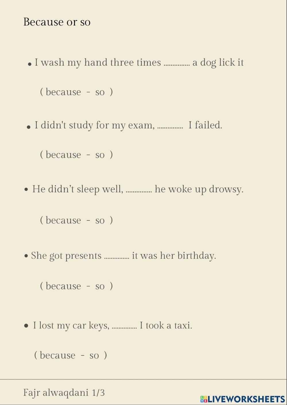 Because and so exercise | Live Worksheets