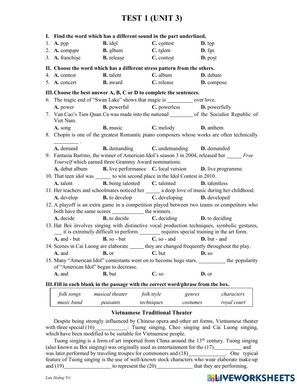 Unit 3: music activity | Live Worksheets