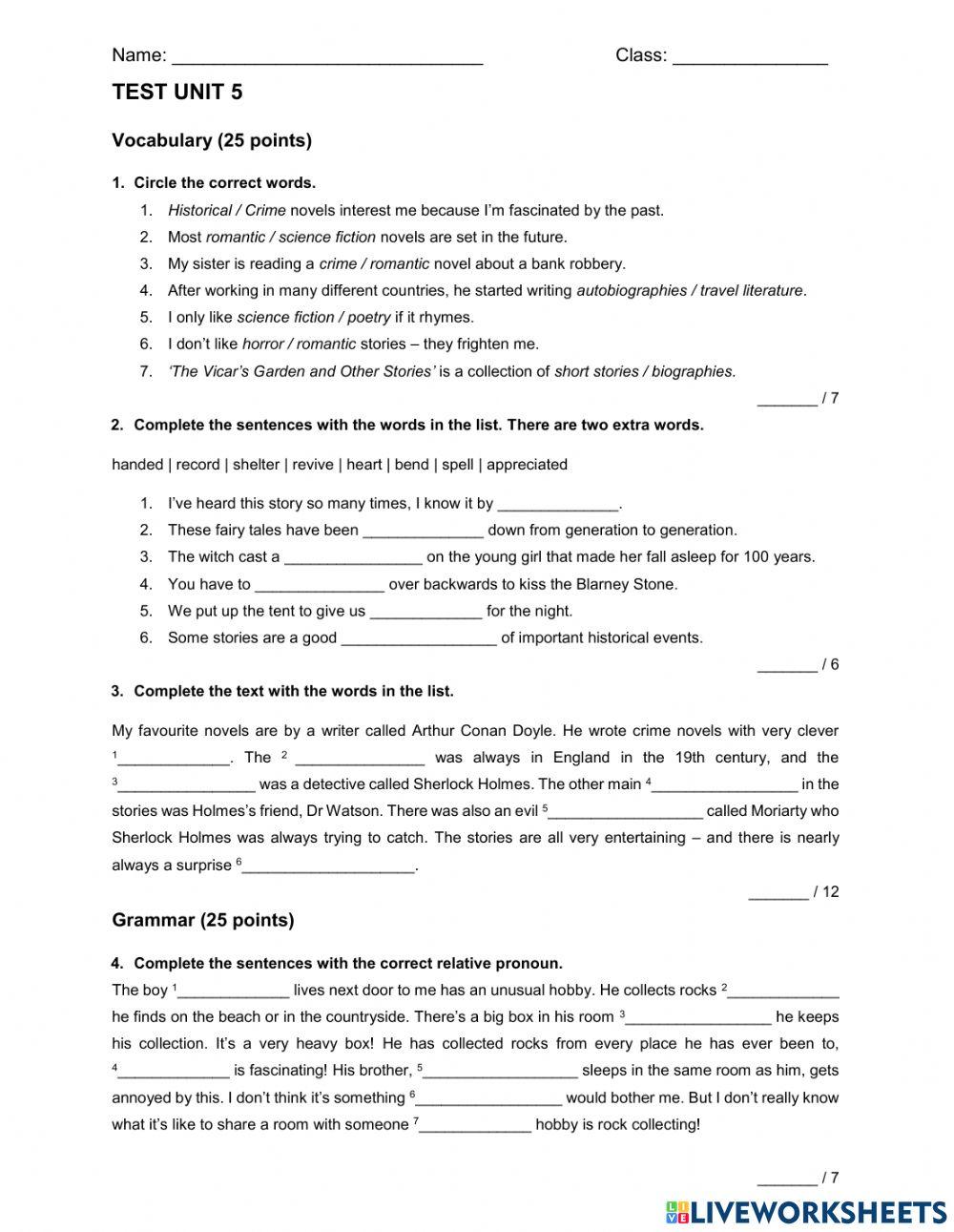 Test Unit 5 Year 3 Online Exercise For Live Worksheets