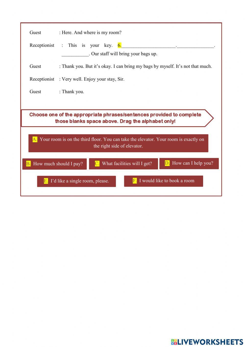 English for Tourism: Booking a Room exercise | Live Worksheets