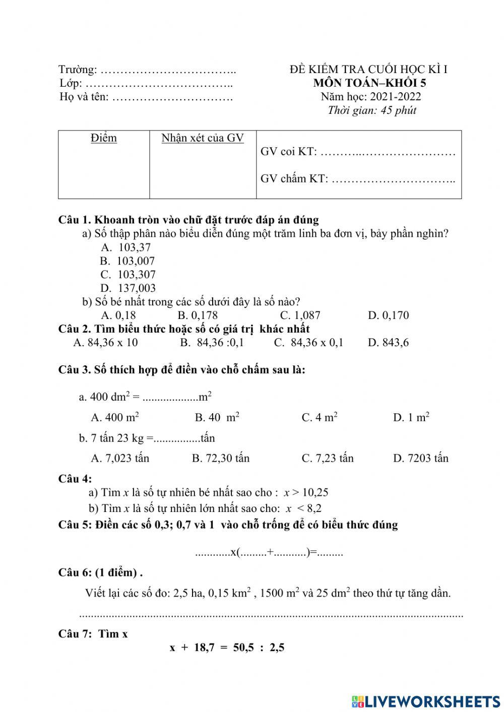 Thi thử activity | Live Worksheets