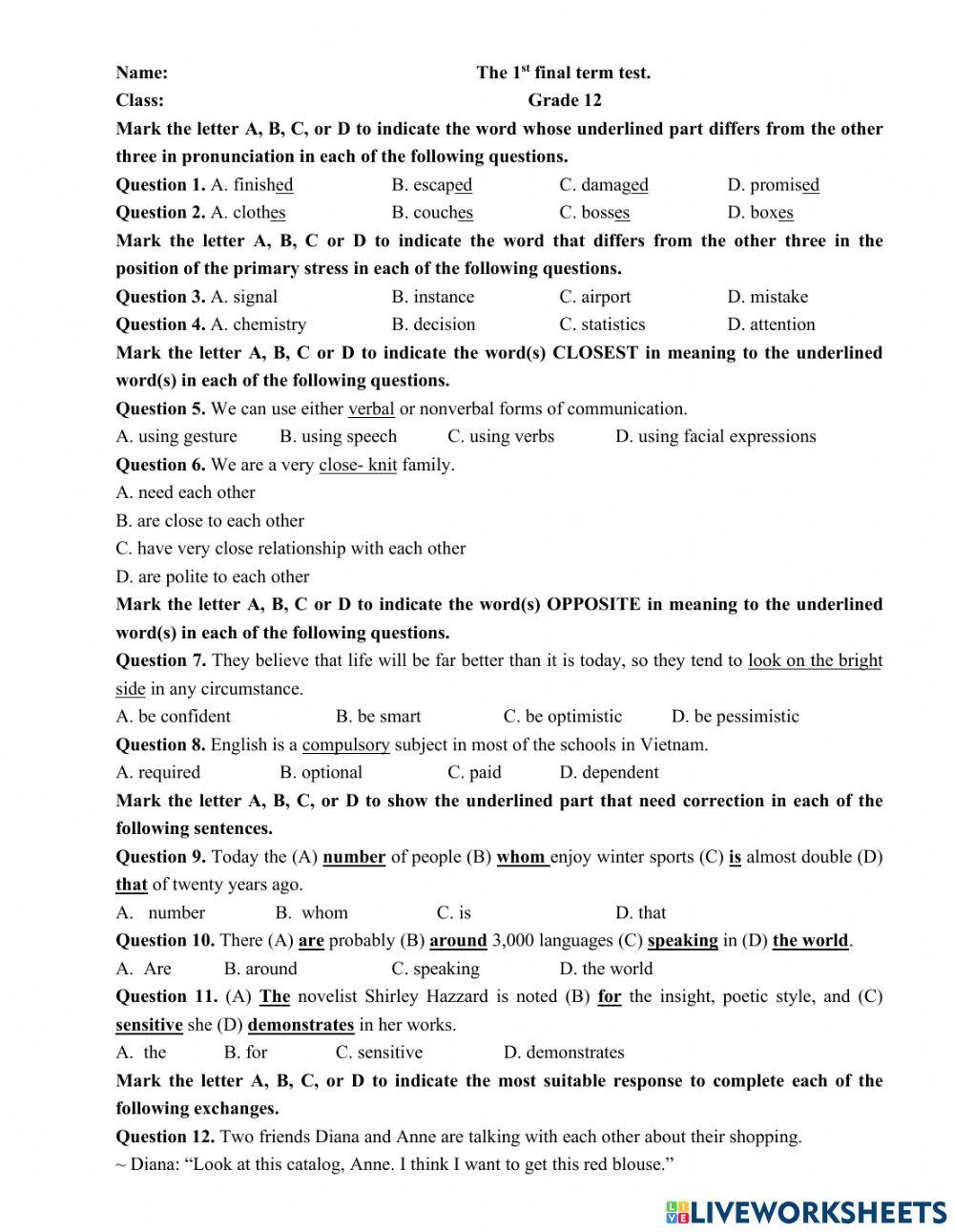 The final test for grade 12 worksheet | Live Worksheets
