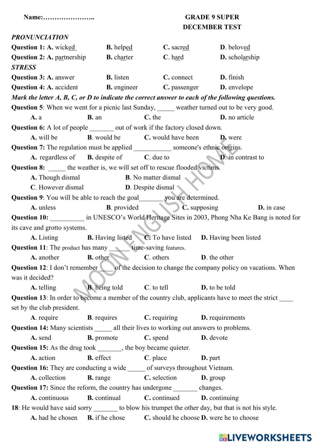 Grade 9 Super- December Test worksheet | Live Worksheets