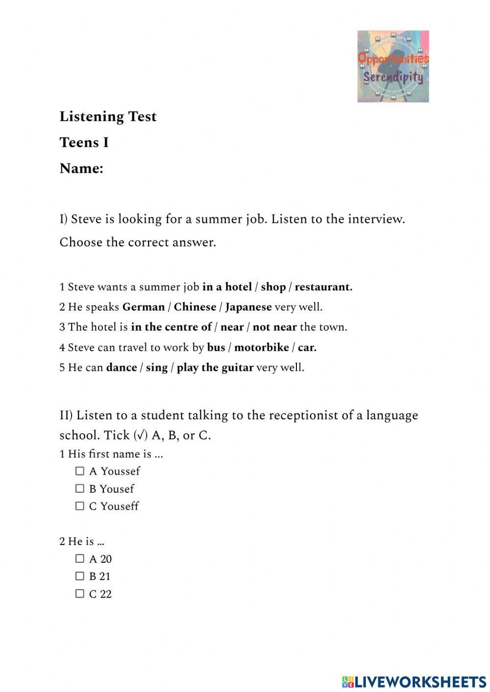 Listening Final Test Teens I online exercise for | Live Worksheets