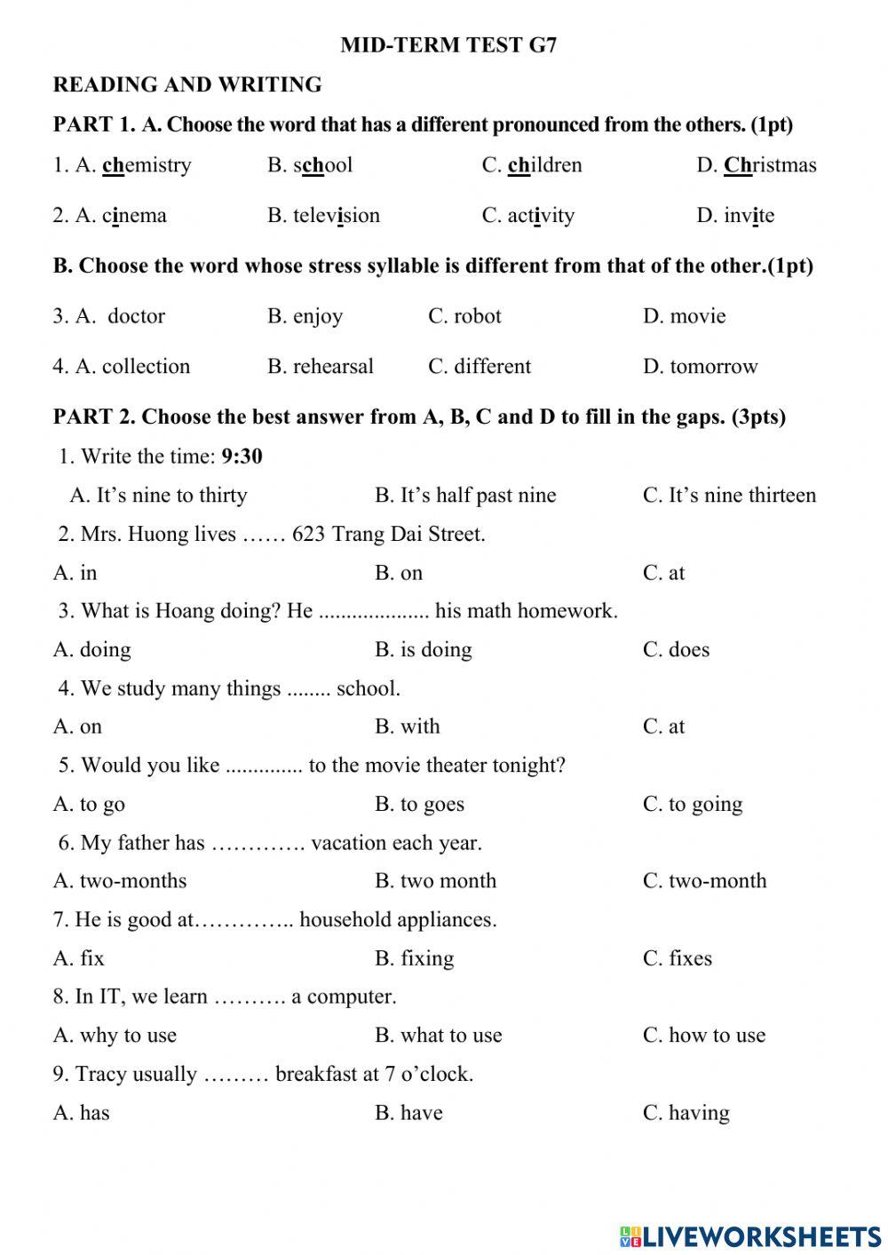 Mid-term test- reading G7 worksheet | Live Worksheets