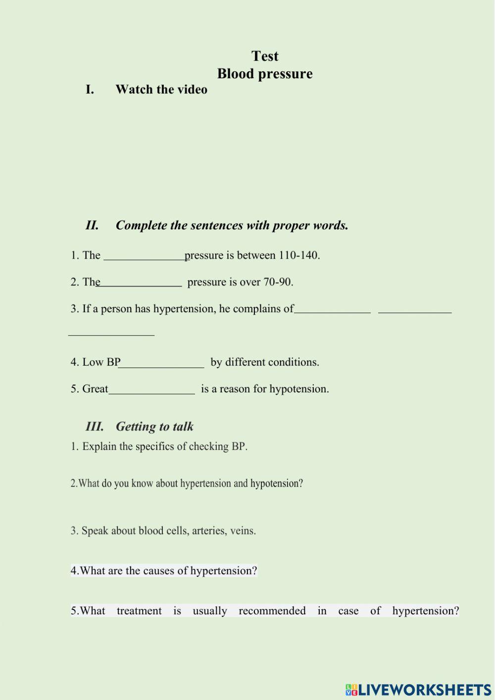 Hypertension | Free Interactive Worksheets | 1759950