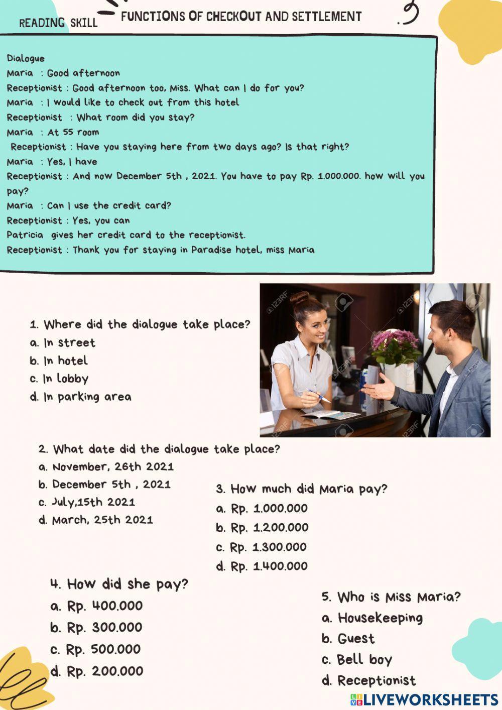 Functions of checkout and settlement worksheet | Live Worksheets