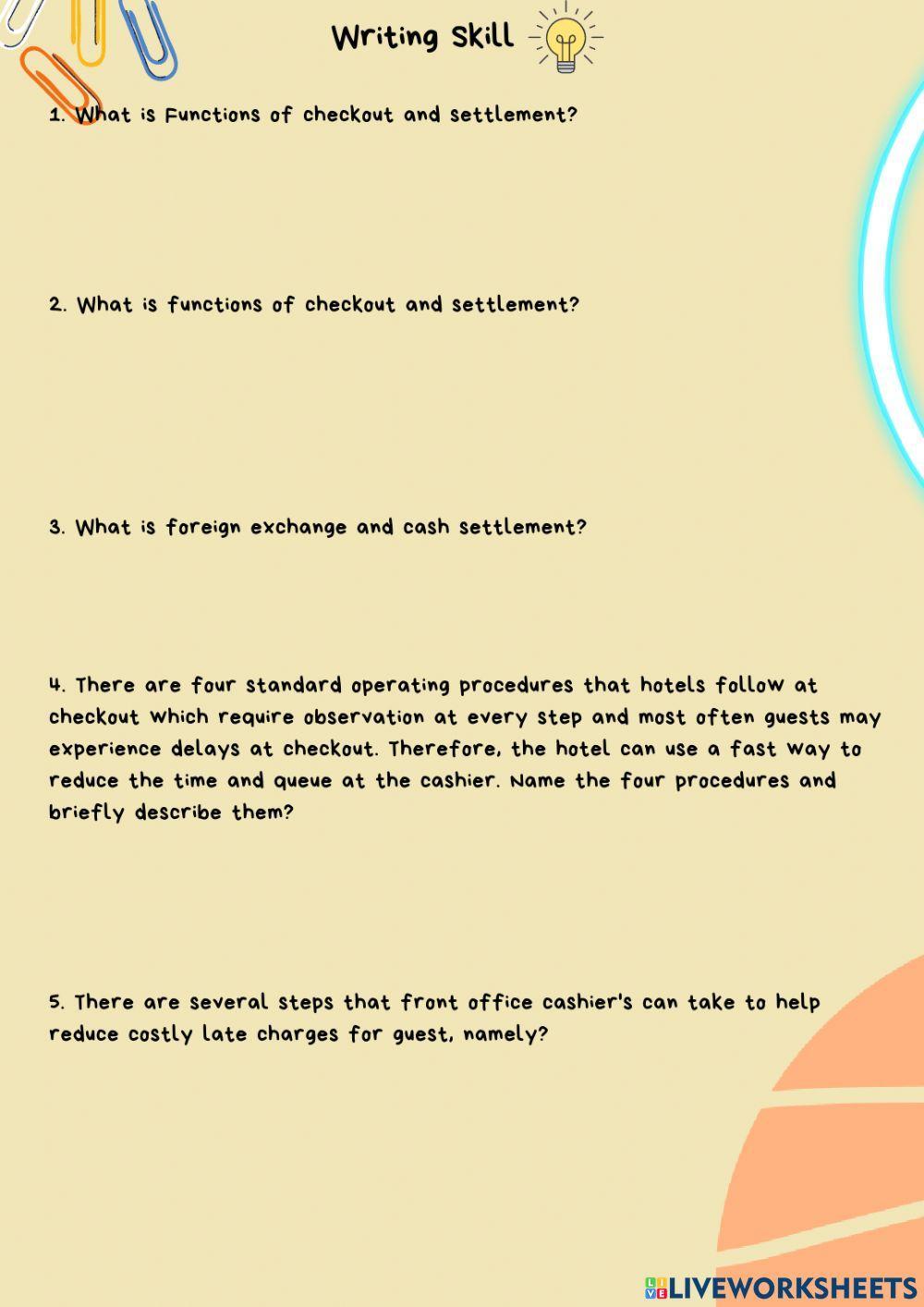 Functions of checkout and settlement worksheet | Live Worksheets