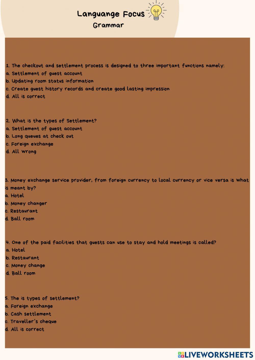 Functions of checkout and settlement worksheet | Live Worksheets