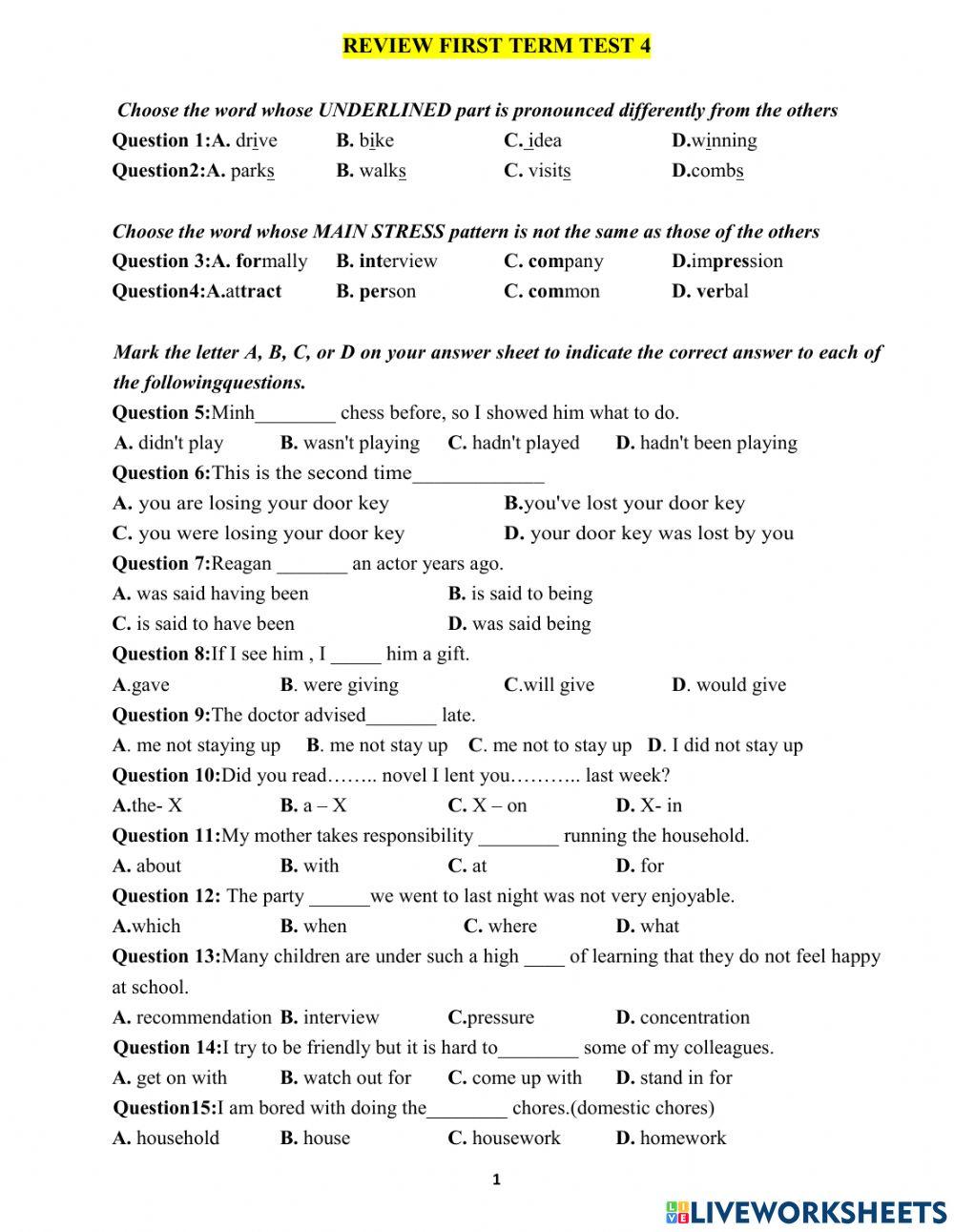 Le Thuy Duong | Review 1st Term Test 4-Grade 12 1760167