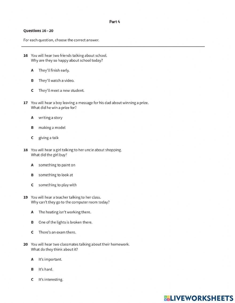 Pre 3 - listening sample test 2 worksheet | Live Worksheets