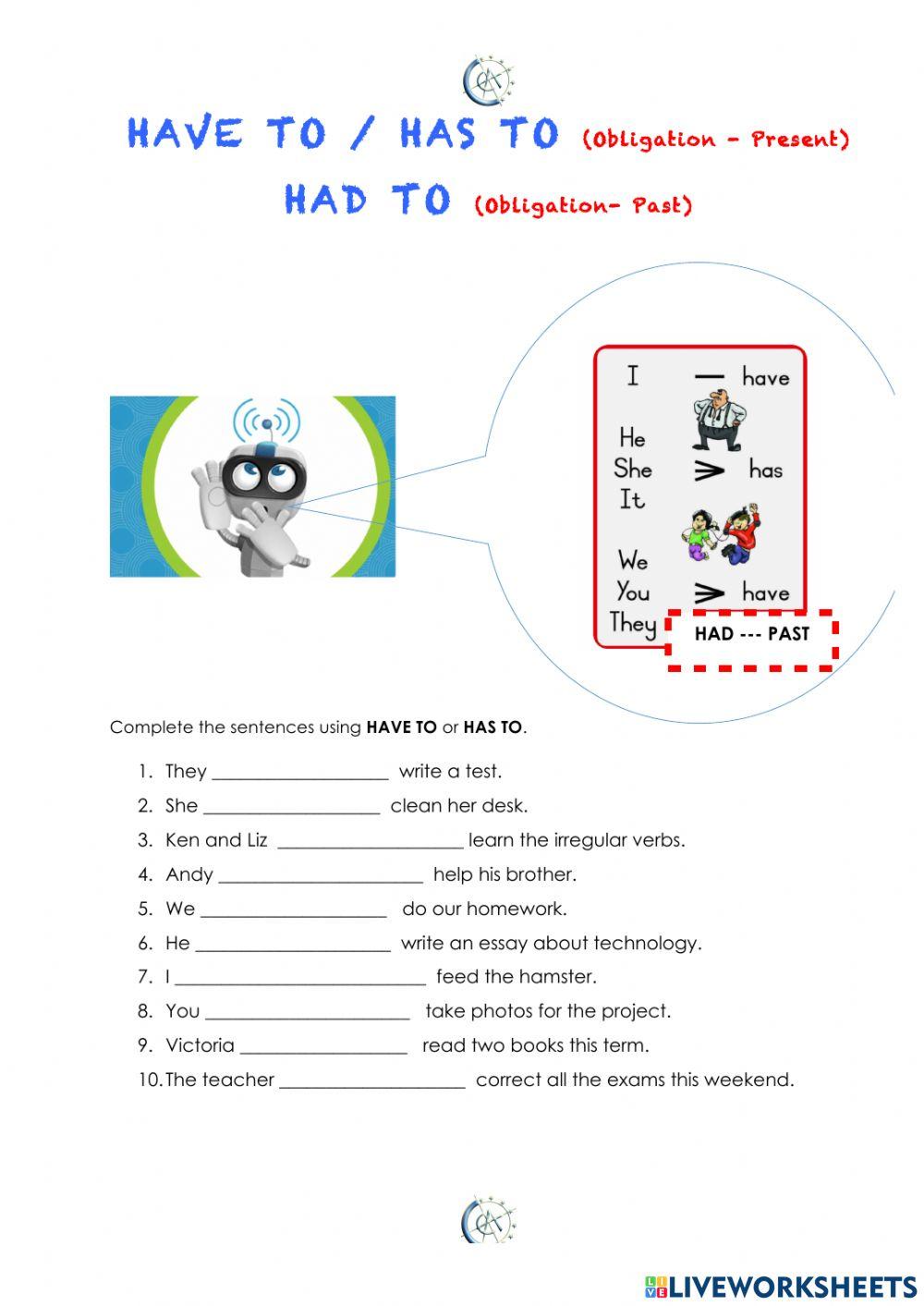 HAVE TO - HAS T… | Free Interactive Worksheets | 5269674