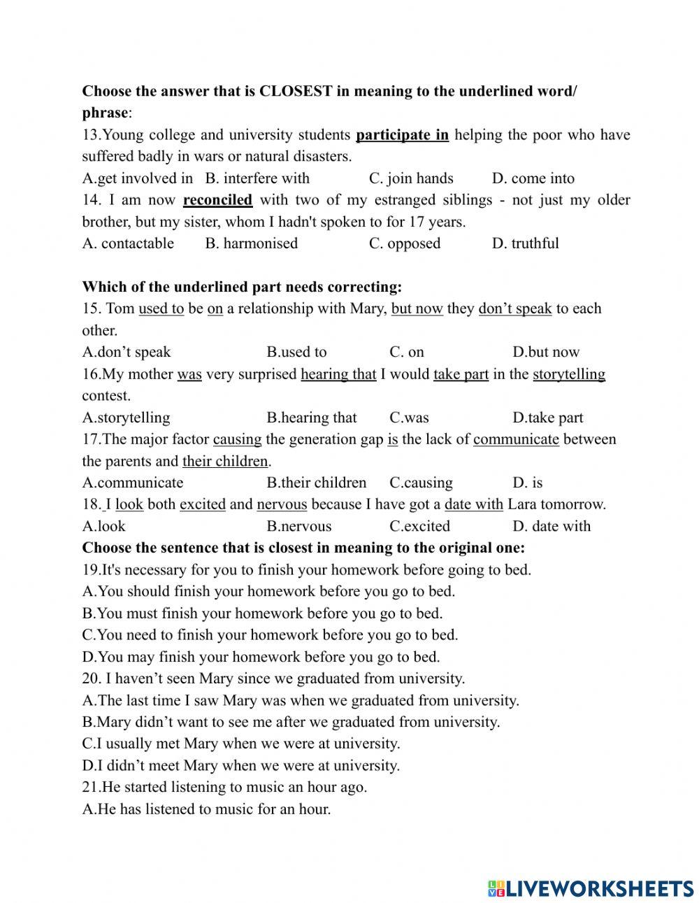Review for semester 1 -2 (grade 11) worksheet | Live Worksheets