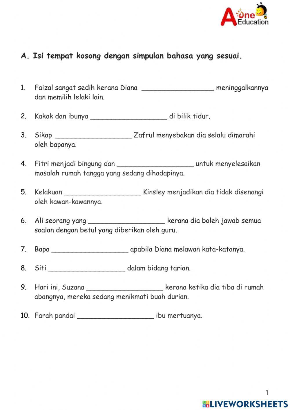 Std 5 BM Simpulan bahasa - 1 worksheet | Live Worksheets