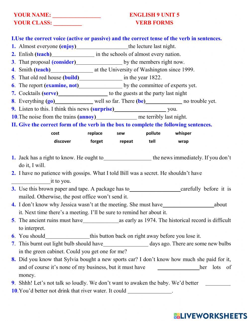 English 9 unit 5 verb form worksheet | Live Worksheets