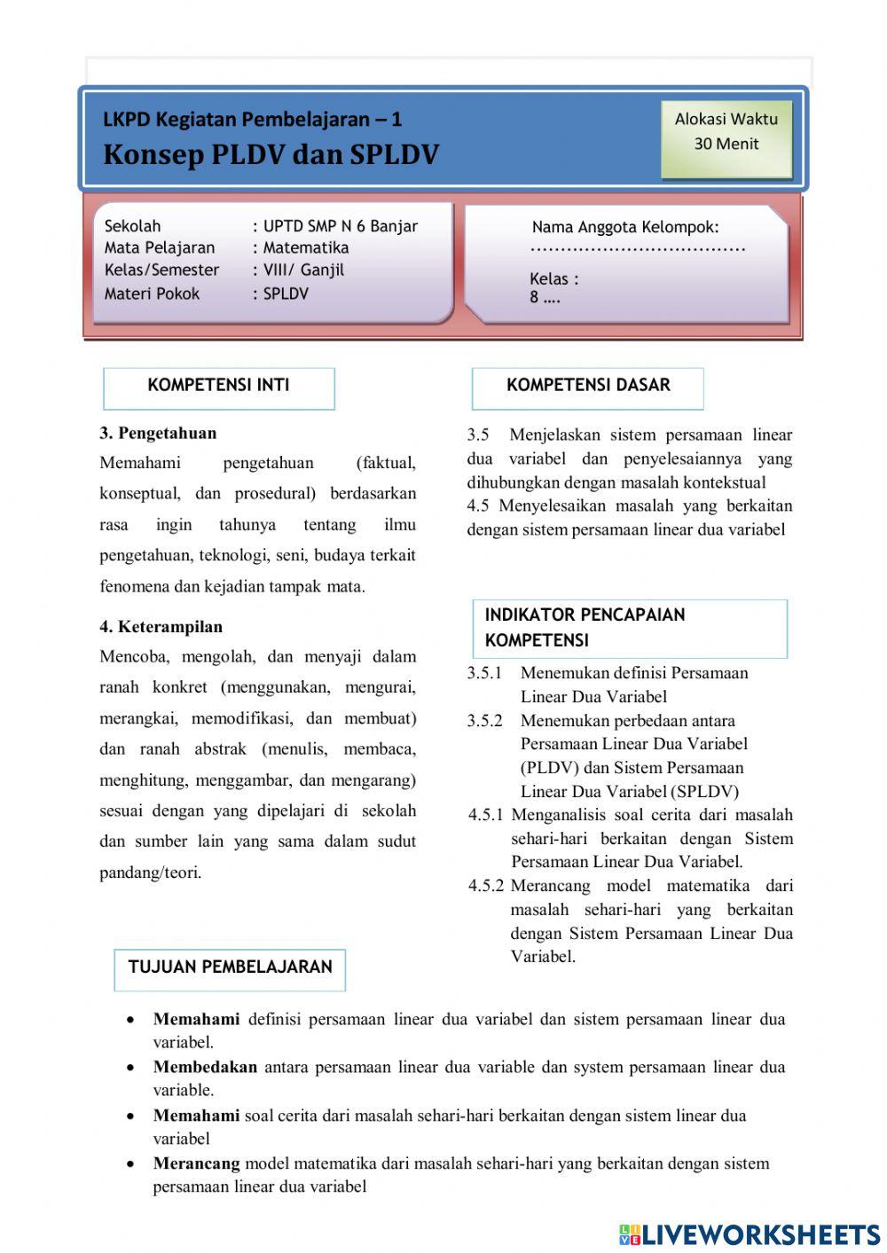 Spldv free worksheet | Live Worksheets