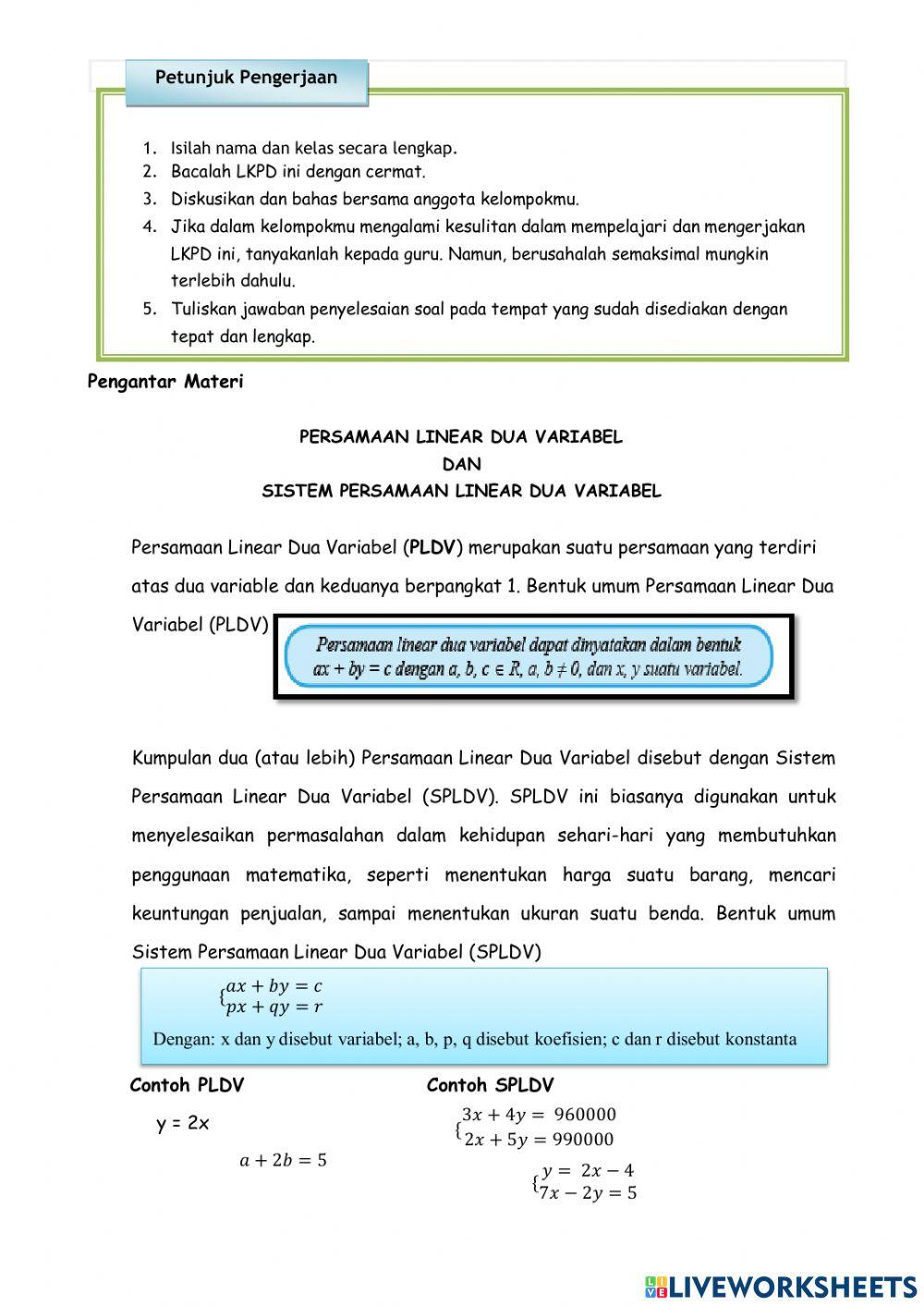 Spldv free worksheet | Live Worksheets