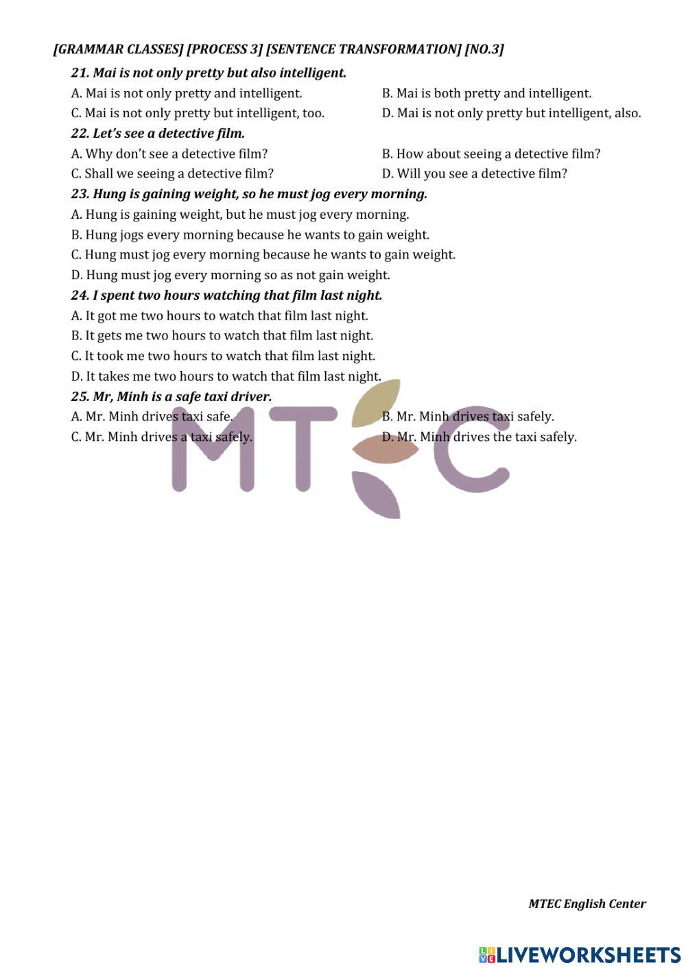 Grammar - sentence transformation 3 | LiveWorksheets