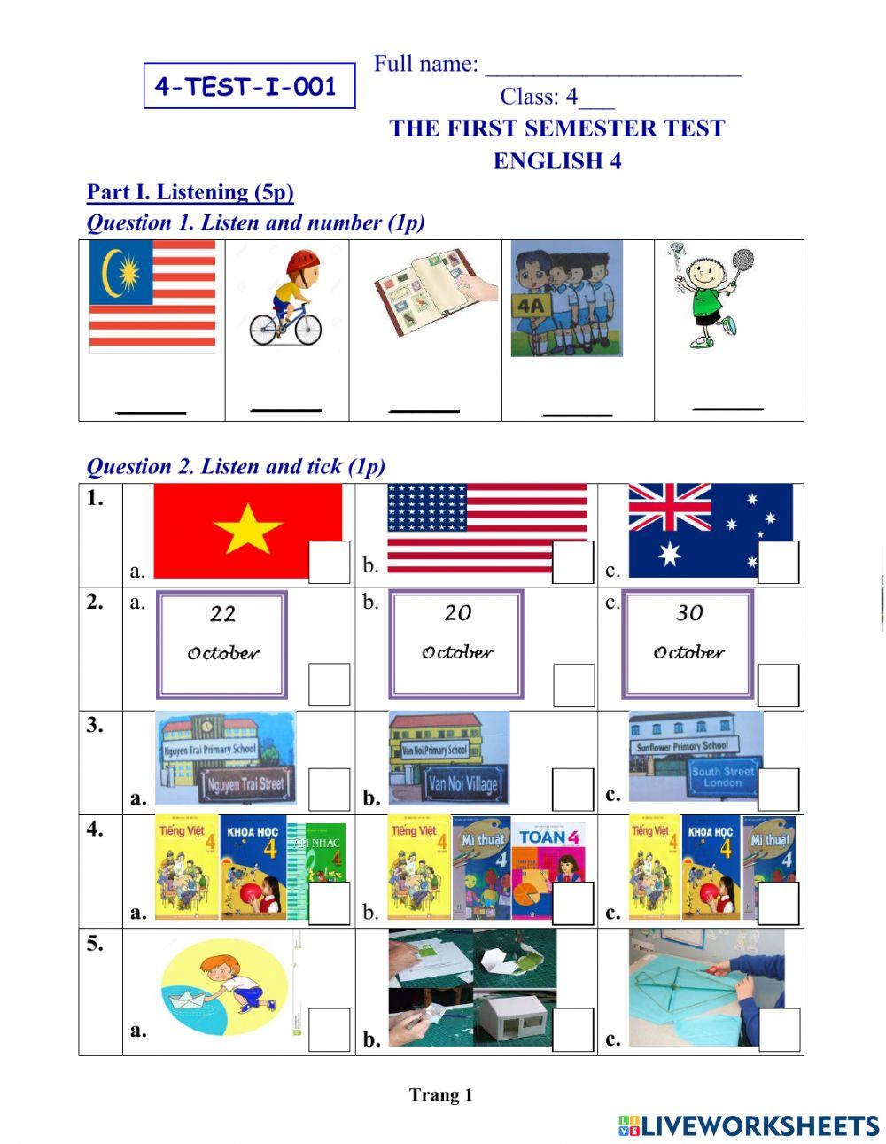 Tieng Anh lop 4… | Free Interactive Worksheets | 1771519