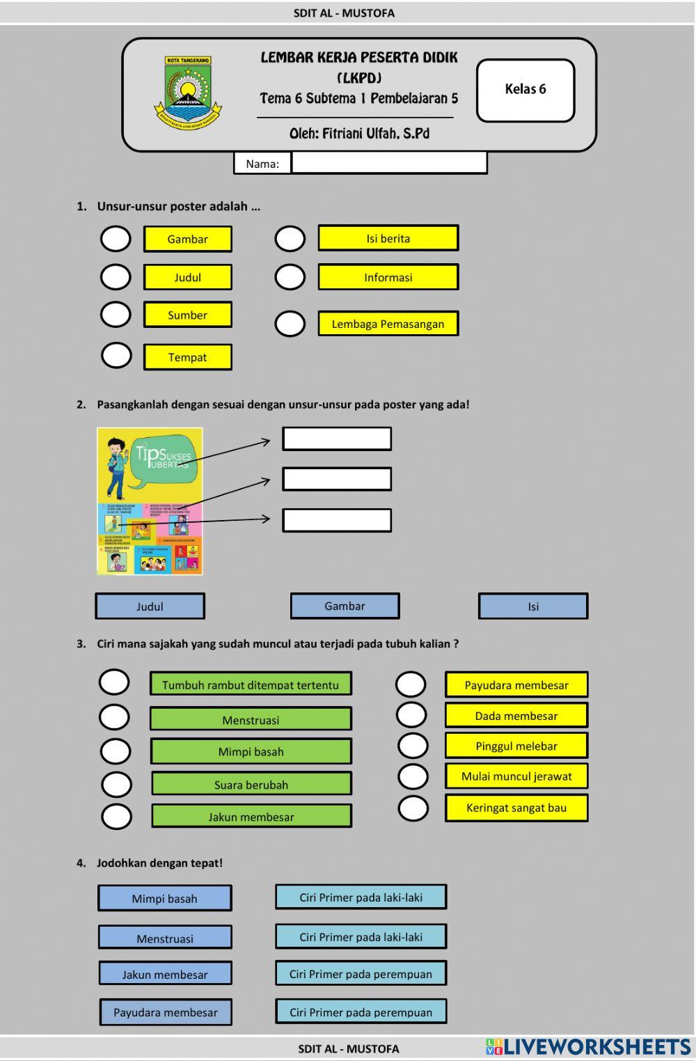 Kelas 6 Tema 6 Subtema 1 Pembelajaran 5 worksheet | Live Worksheets