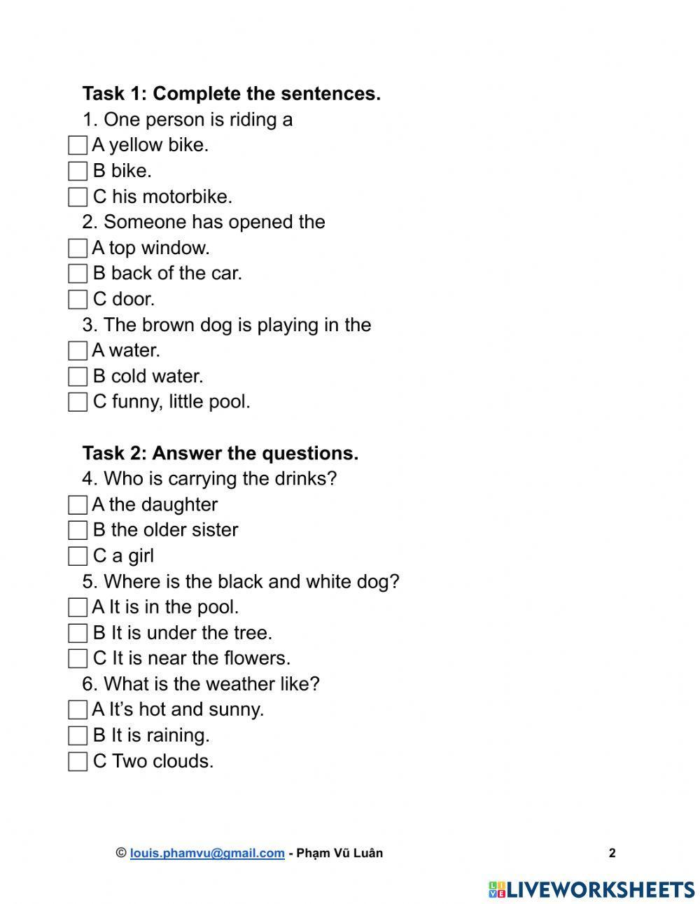 A1 Movers Reading & Writing Part 6 – Student’s worksheet 2 worksheet ...