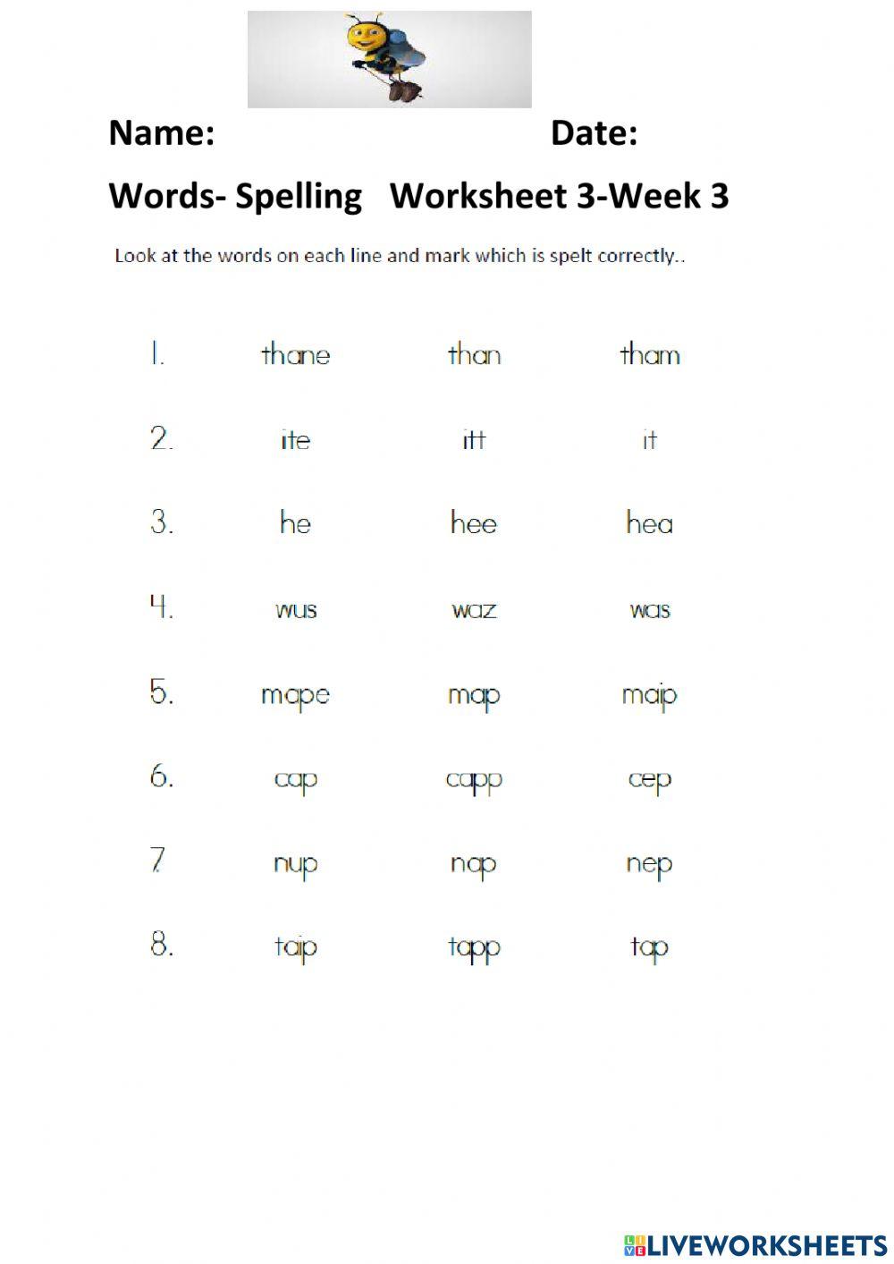 Words Spelling Worksheet 3-Week 3 Friday 1705258 | Grace
