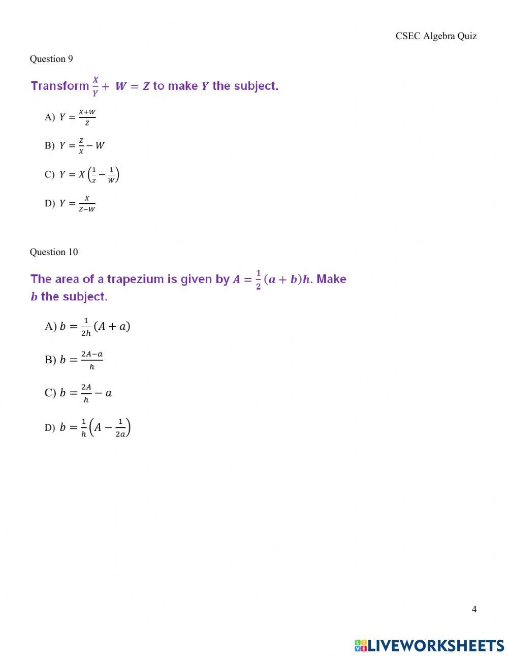 CSEC Algebra Qu… | Free Interactive Worksheets | 6792213