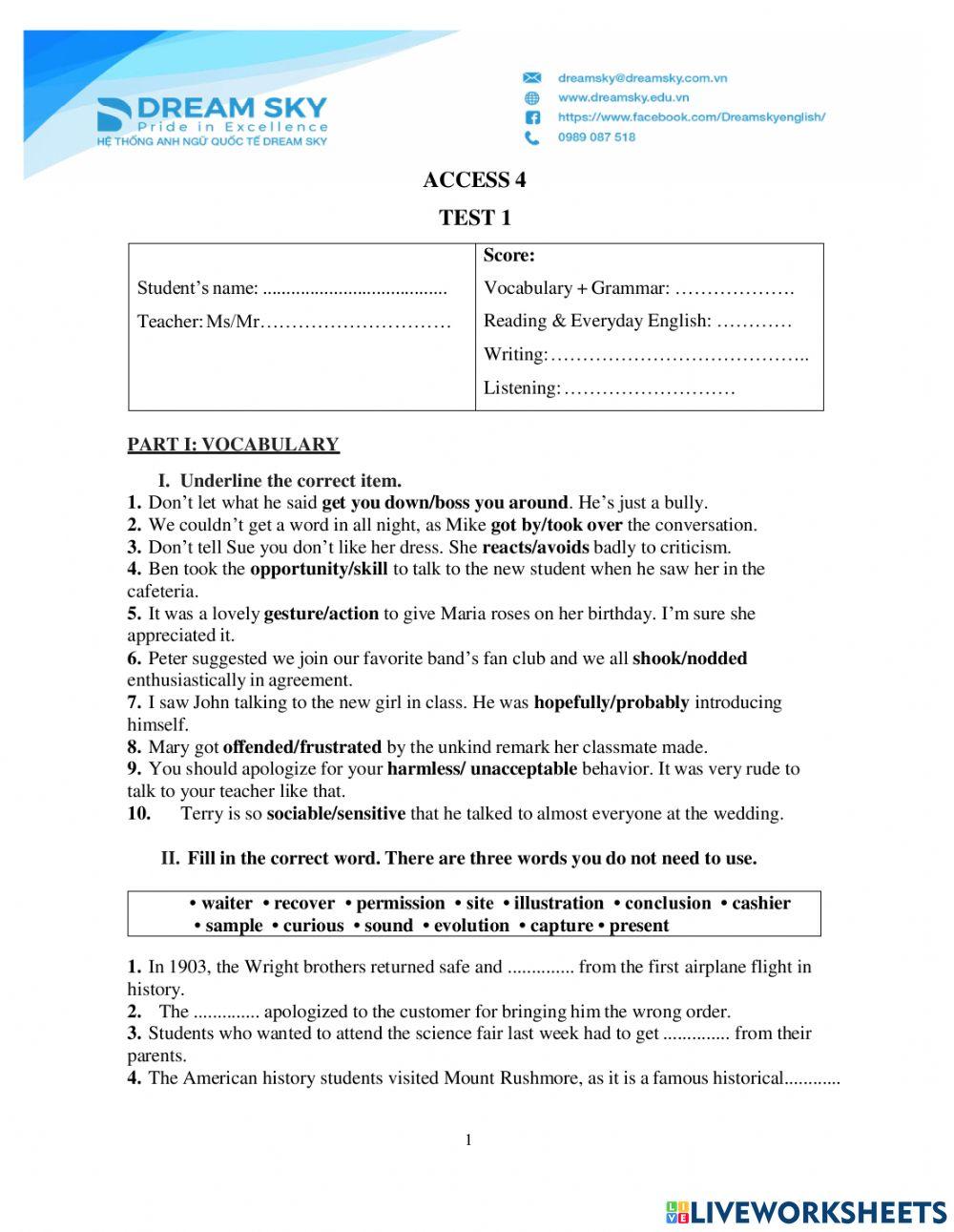 DS - Access 4 - Test 1 Vocab + Grammar worksheet | Live Worksheets