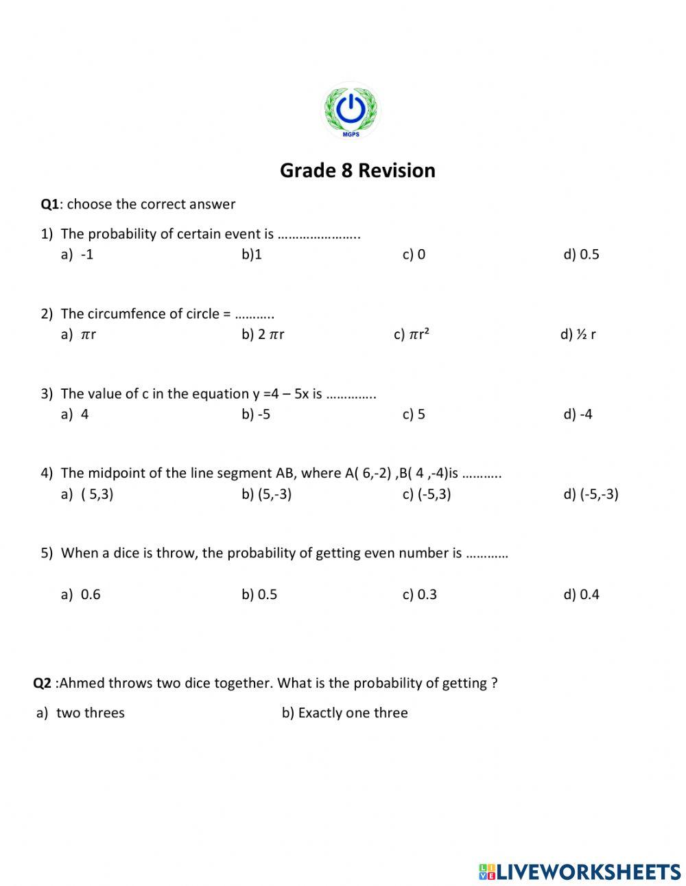 grade 8 revision sheet for November exam 5256609