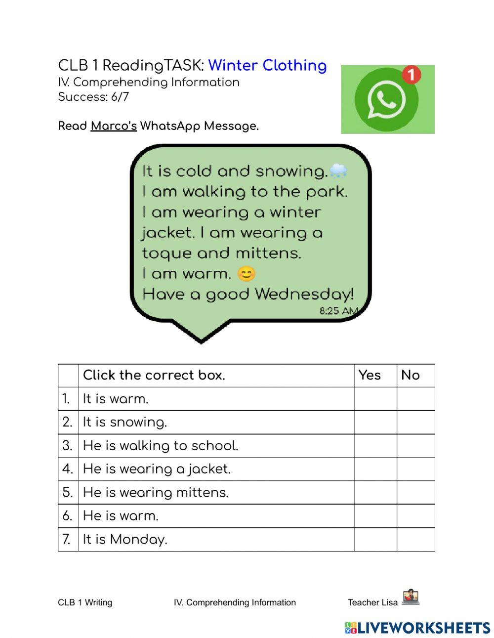 CLB 1L Reading TASK: WahtsApp worksheet | Live Worksheets