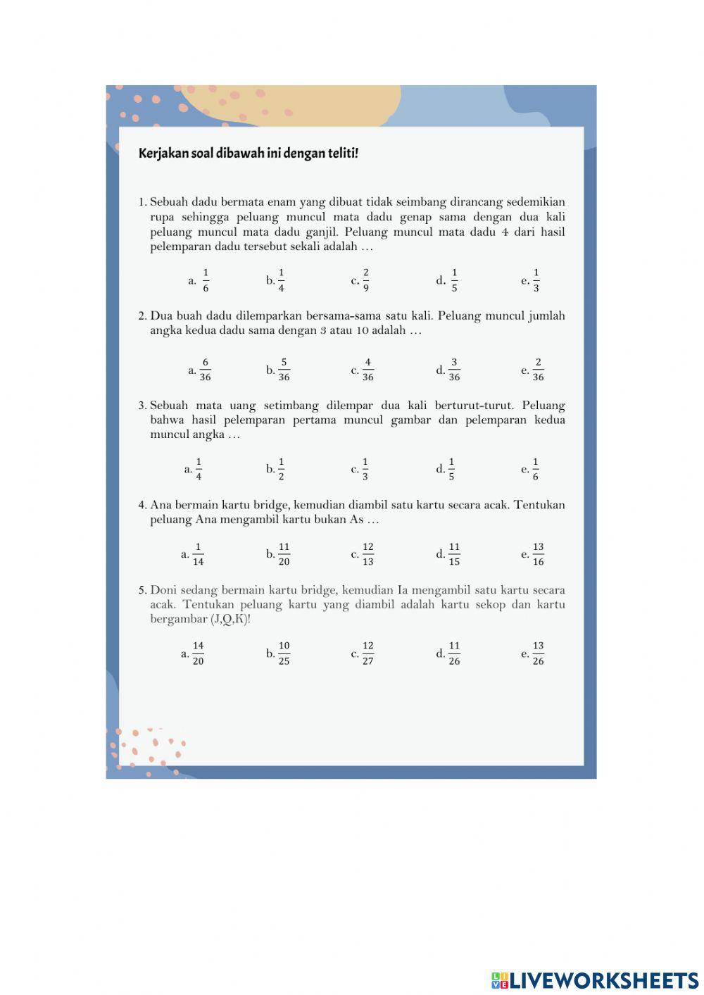 Peluang online pdf worksheet for 12 | Live Worksheets