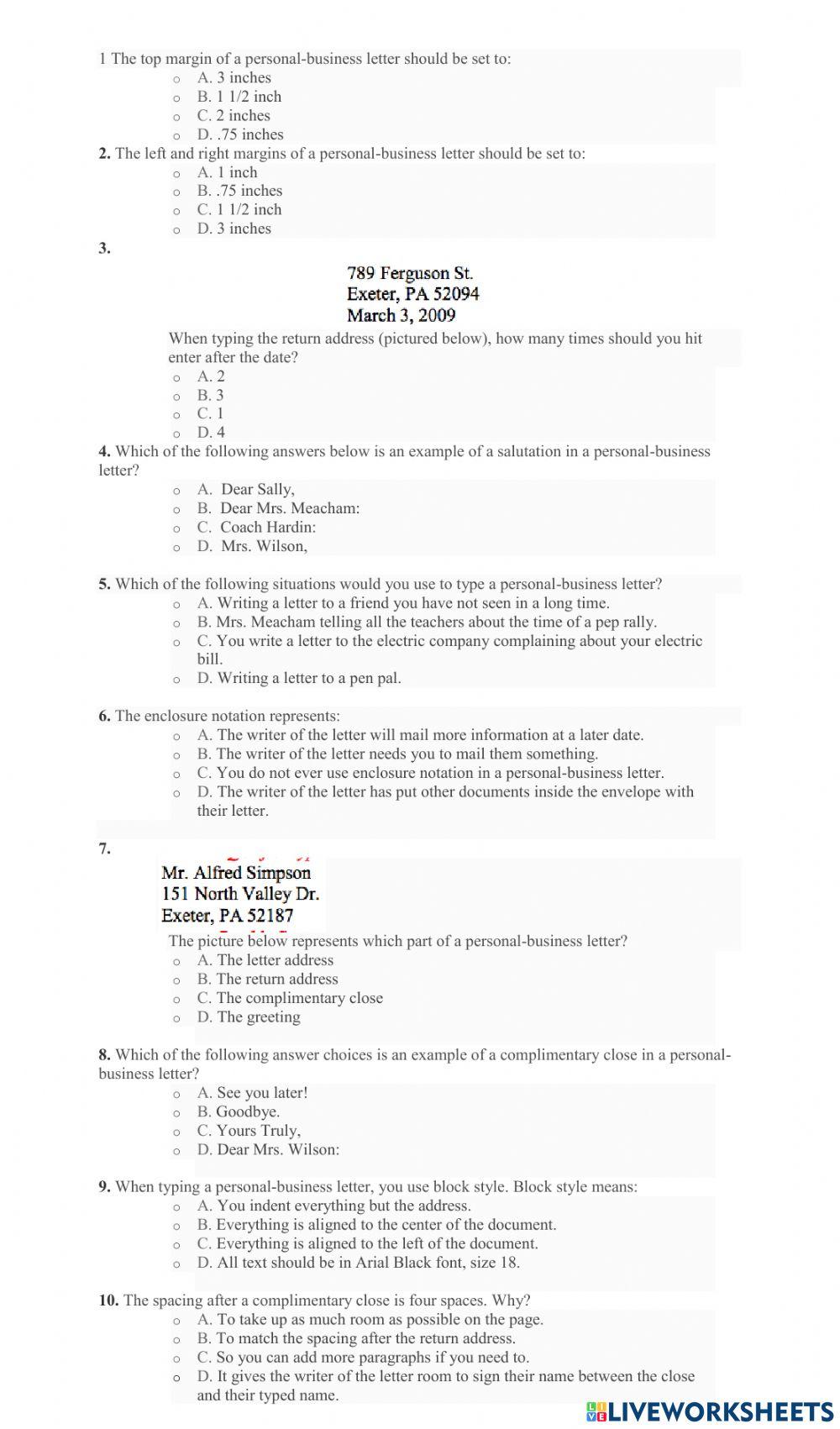 Personal Business Letter online exercise for | Live Worksheets
