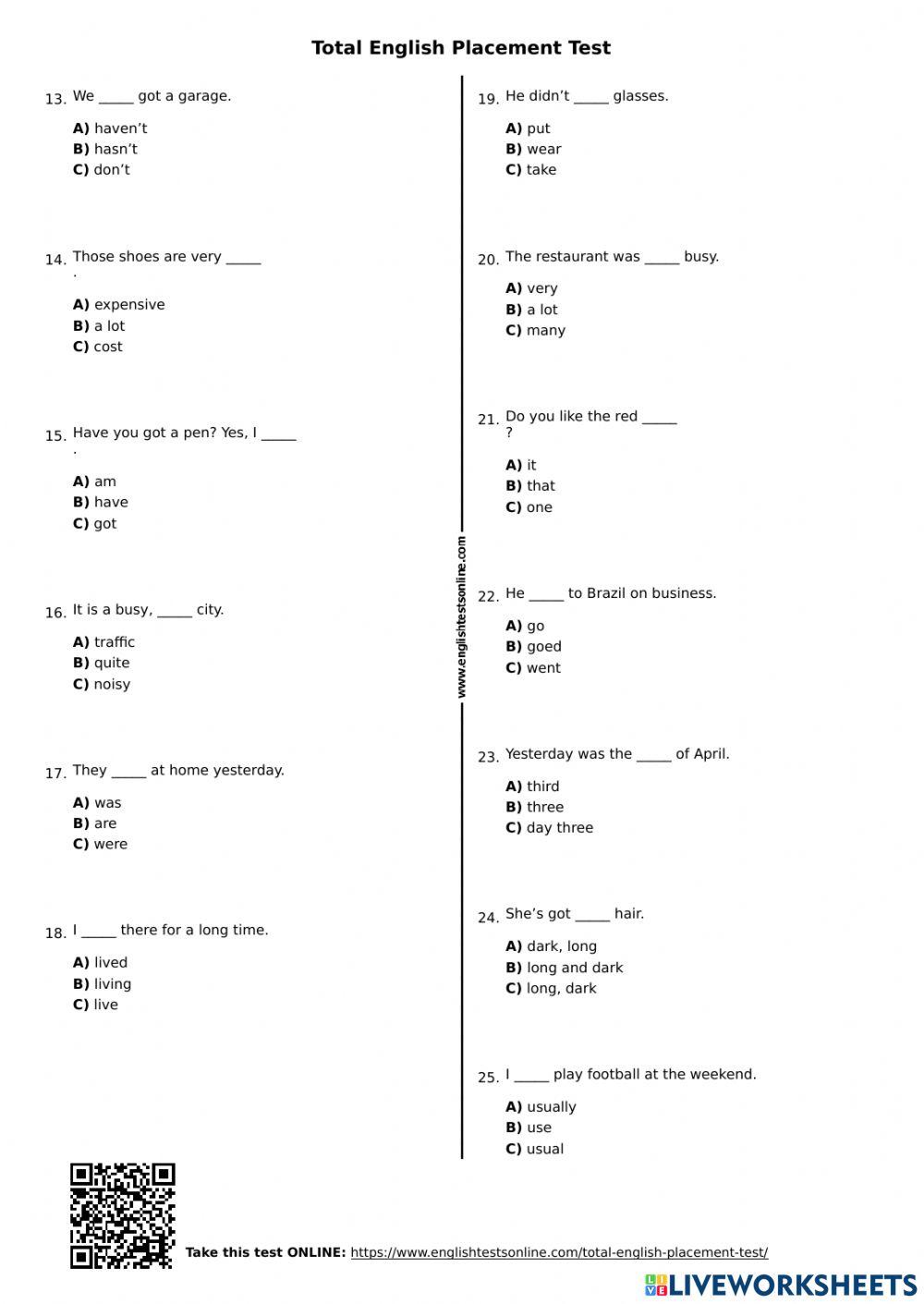 3501365 | Placement Test | Leslie14 | LiveWorksheets