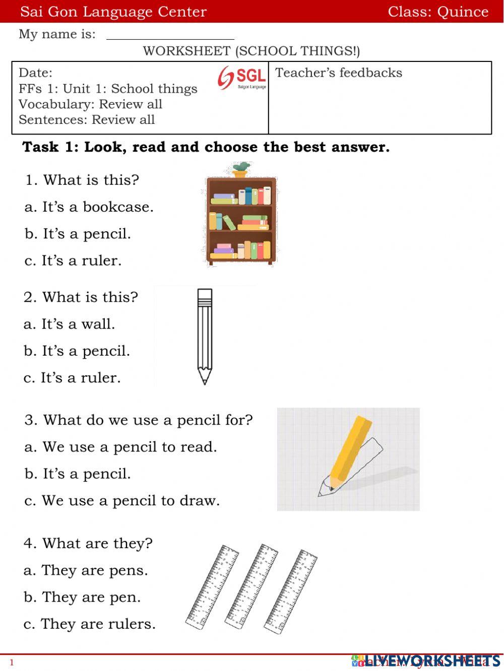 School things online exercise for Grade 1 - 2 | Live Worksheets