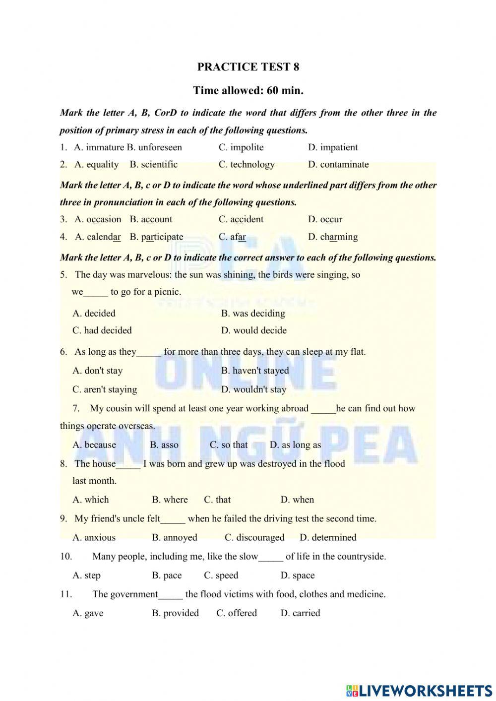 Practice test 8-thpt worksheet | Live Worksheets