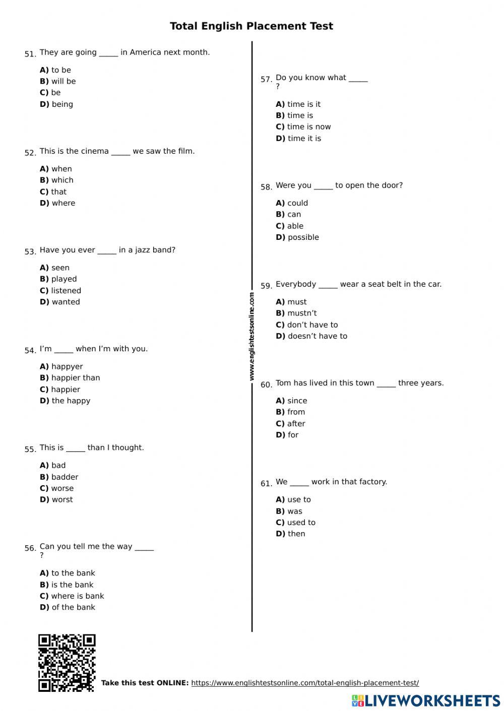Placement test 3501928 | Leslie14 | Live Worksheets