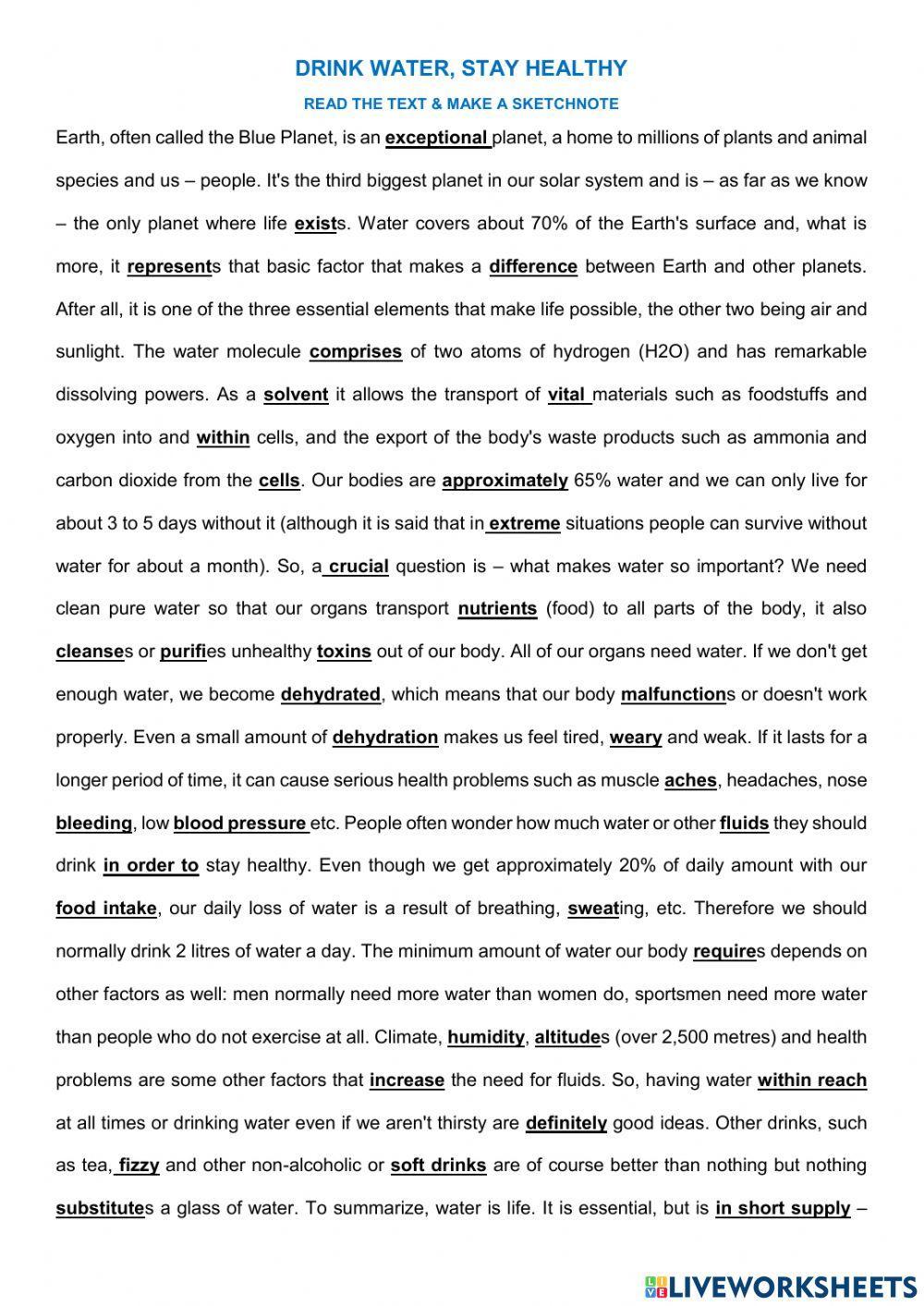 WATER IS LIFE READING COMPREHENSION WITH CROSSWORD online exercise for ...