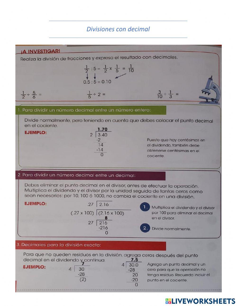 Divisiones con decimal activity | Live Worksheets