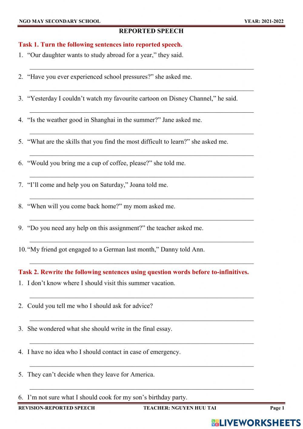 E.9-revision for the first term test-reported speech worksheet | Live ...
