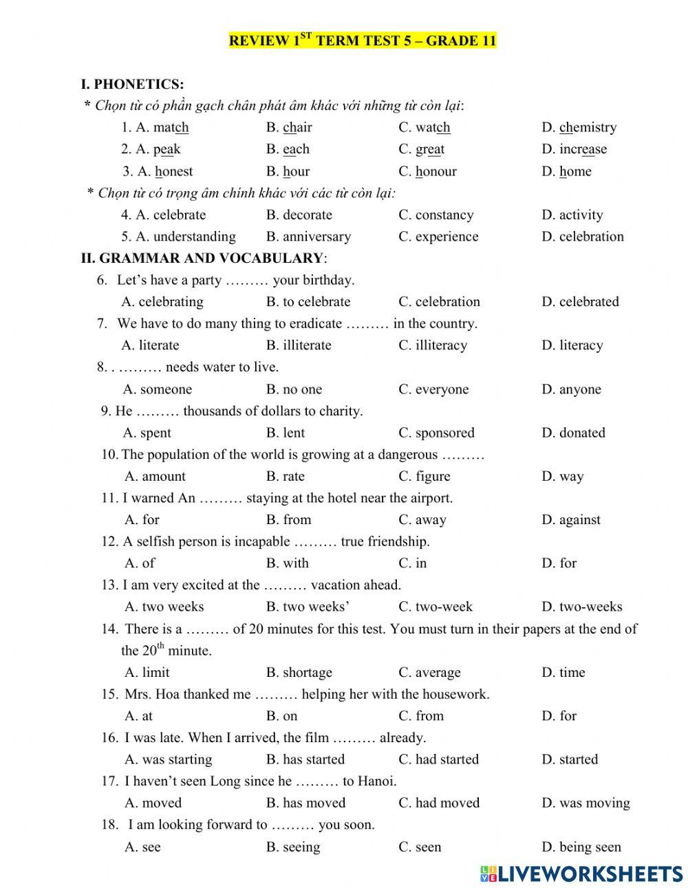Review 1st Test Term -5 - Grade 11 worksheet | Live Worksheets