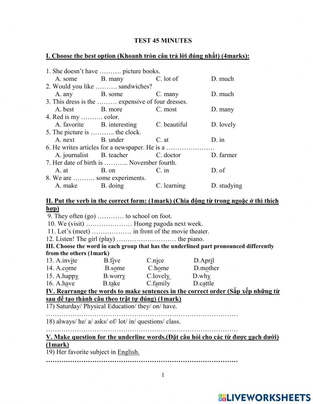 English test online exercise for 7 | Live Worksheets